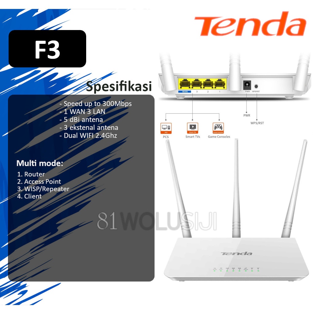Jual Tenda F3 Wireless router 300Mbps 3 antena WISP Support | Shopee ...