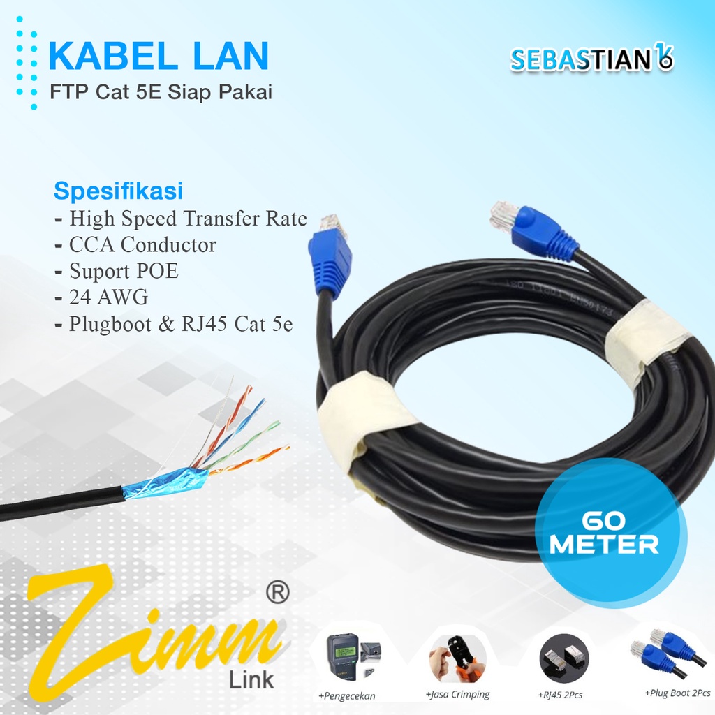 Jual [𝐒𝐈𝐀𝐏 𝐏𝐀𝐊𝐀𝐈] Kabel LAN 60 Meter STP FTP / UTP Cat 5e Zimmlink ...