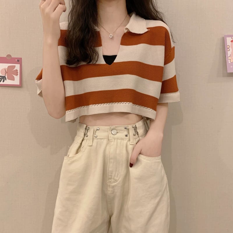 Jual DR - COLLAR KNIT/ATASAN WANITA CROP/BAJU RAJUT CROP/TOP WANITA KOREA STRIPE BLASTER KNIT ...