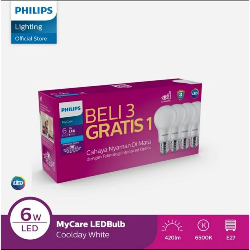 Jual Lampu Led Philips 6W Paket 3 Gratis 1 Putih Paket Philips 6 watt | Shopee Indonesia