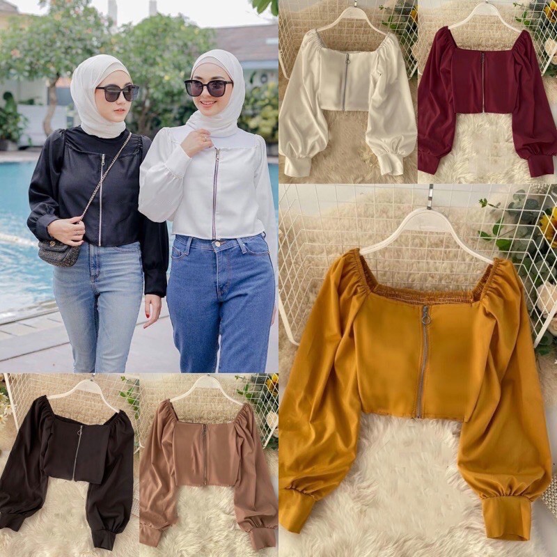 Jual RX Fashion - Blouse Crop Zipper Katun Poly -R1 | Shopee Indonesia