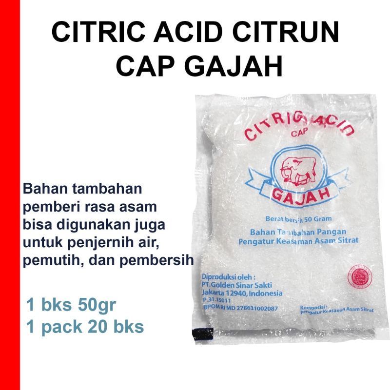 Jual CITRIC ACID CITRUN CAP GAJAH 50 GRAM / ASAM SITRAT / PEMUTIH ...