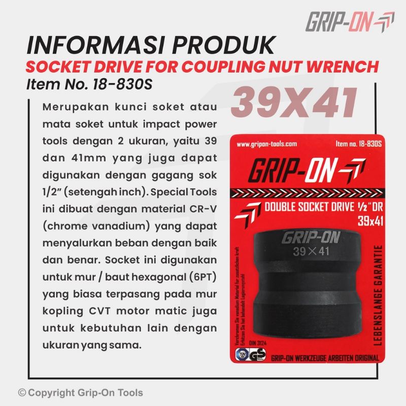 Jual GRIP ON DOUBLE SOCKET DRIVE 39X41 FOR COUPLING NUT WRENCH ( Mata Sok Mur Kopling CVT 39 x ...