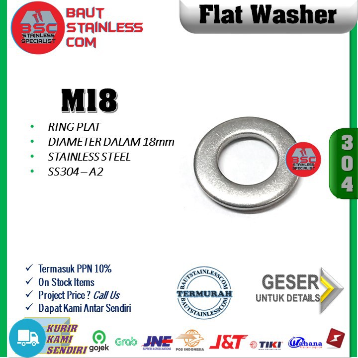 Jual RING PLAT M18 FLAT WASHER STAINLESS SS304 A2 ISI 5 PCS | Shopee ...