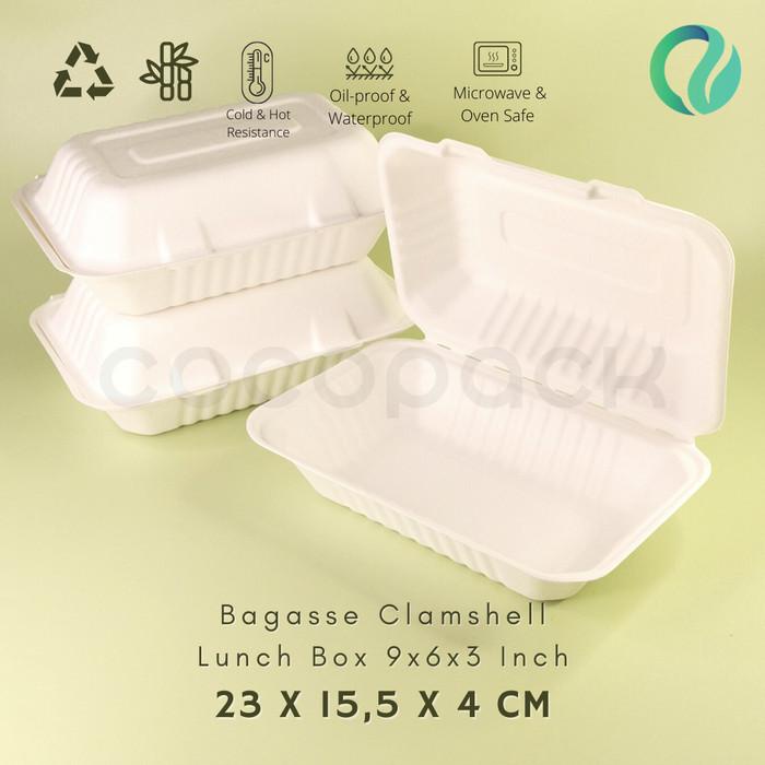 Jual Bagasse Clamshell Lunch Box 9"X6"X3" Sugarcane Food Container ...