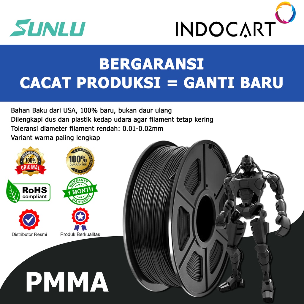 Jual INDOCART Tinta Filamen 3D Printer Filament SUNLU PMMA 1.75mm 1kg ...