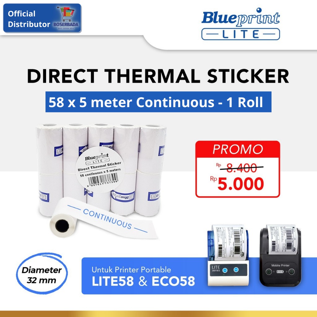 Jual BLUEPRINT LITE - Direct Thermal Sticker / Label 58x5 Meter Continuous | Shopee Indonesia