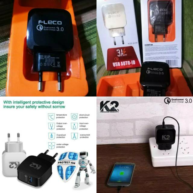 Jual K2 PREMIUM / FLECO USB Charger 3A Qualcomm Quick Charging 3.0 Fast Charging USB 3.0 ...