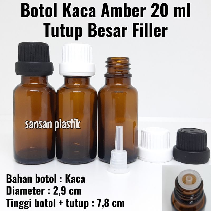 Jual Botol kaca 20 ml amber tutup besar dan filler / Botol kaca 20ml ...