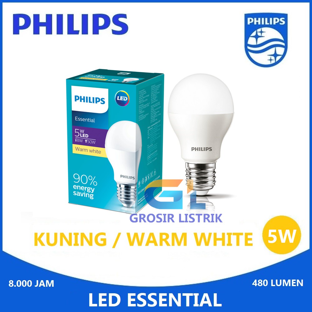 Jual Lampu Philips LED Essential 5W Kuning Warm White 3000K (5 Watt 5 W 5Watt) Original Grosir ...