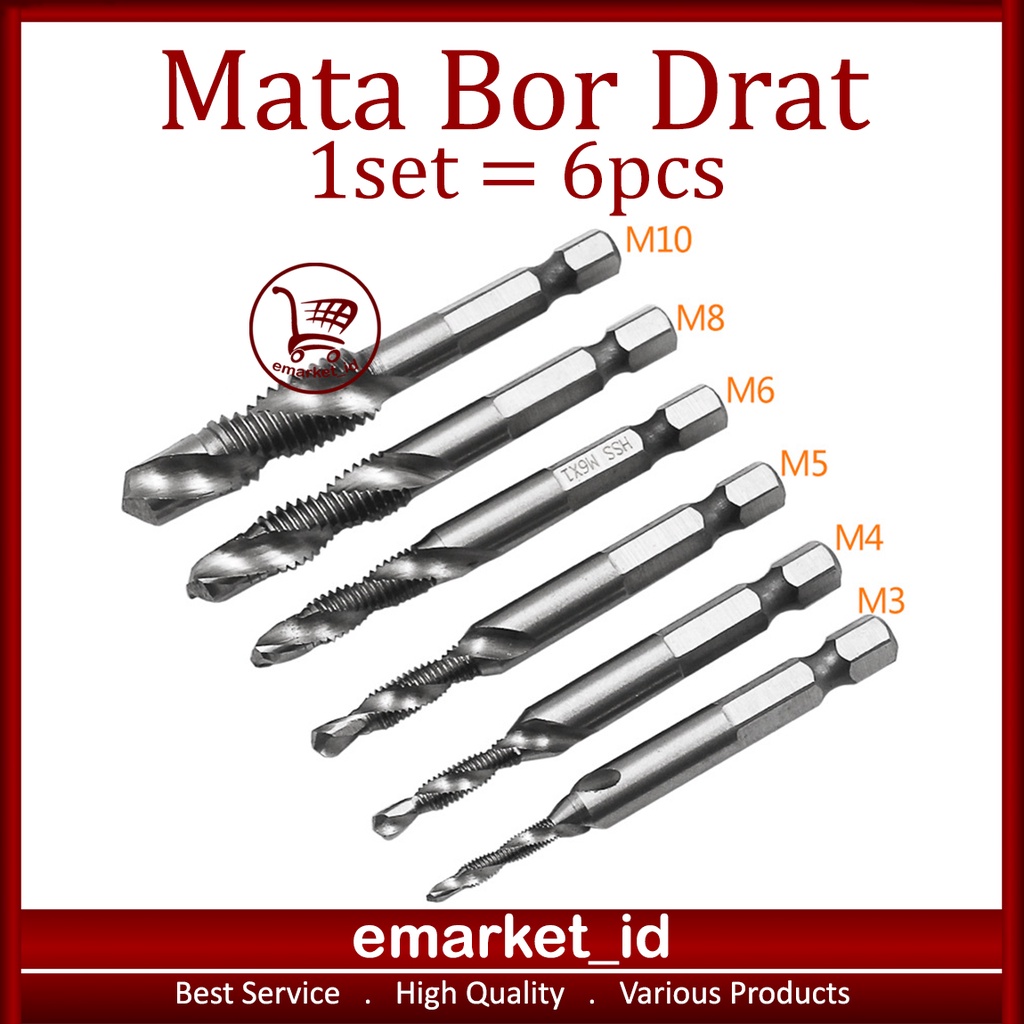 Jual Mata Bor Pembuat Ulir Drat 6 in 1 / Drill Tap Bit Countersink Set Hex Twist Spiral Tapper ...