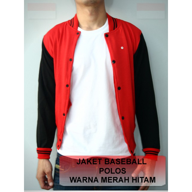 Jual PROMO JAKET BASEBALL POLOS MERAH LENGAN HITAM! SWEATER PRIA COWOK ...