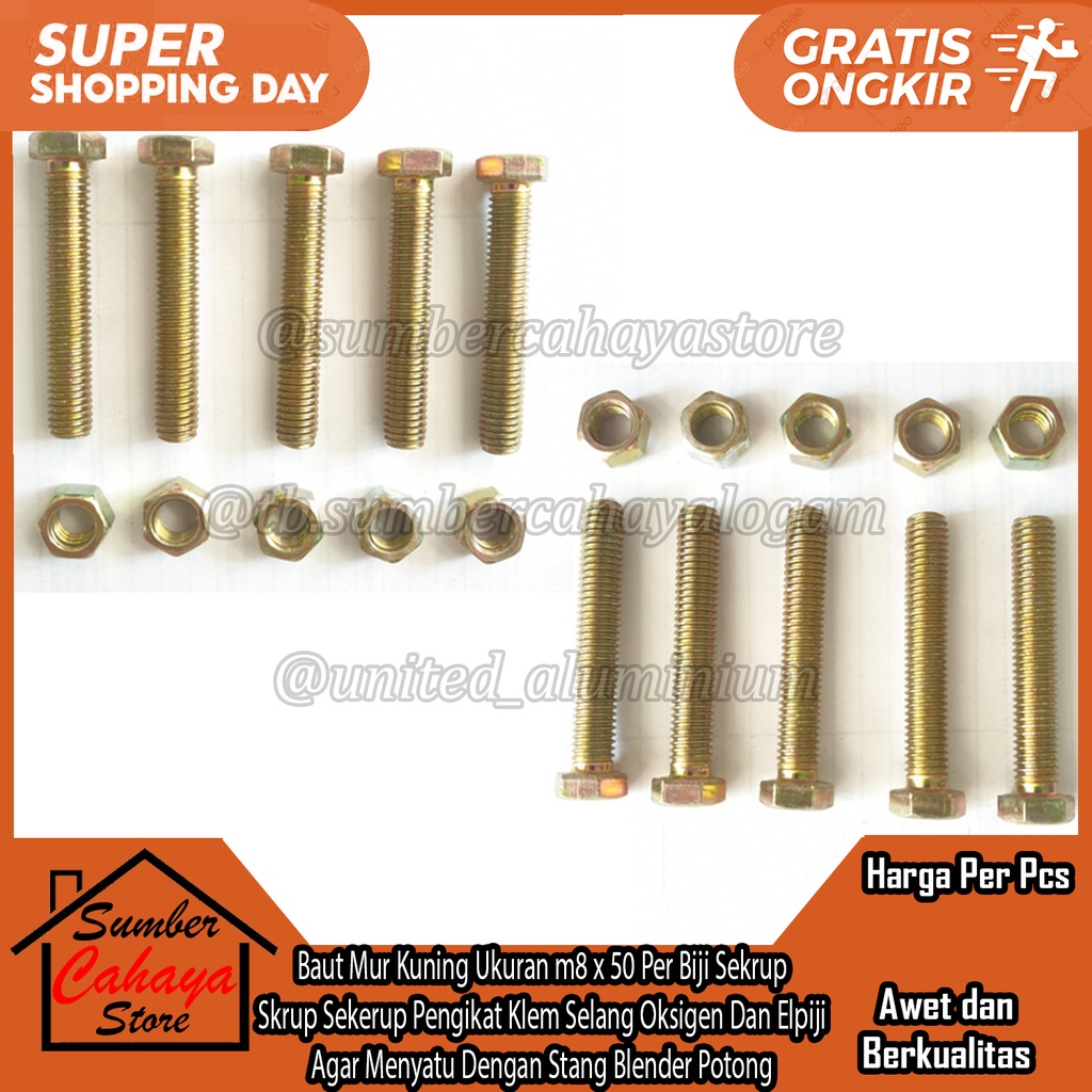 Jual Baut Mur Kuning Ukuran M8 x 50 Kunci Ring Pas 12 Hexagon Bolts ...