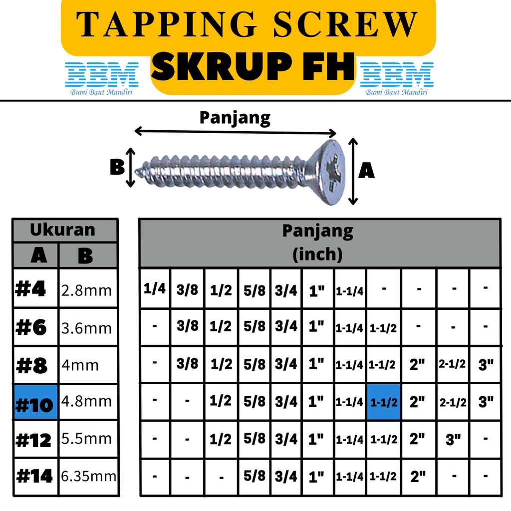 Jual (100 PCS) Sekrup FH 10x1-1/2" / Self Tapping Screw FH 10 / Skrup FH 10x1-1/2" | Shopee ...