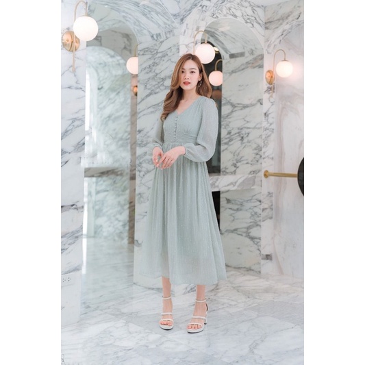 Jual Theresa Dress Korean Casual Sopan Rapi Midi Pastel Lengan Panjang ...