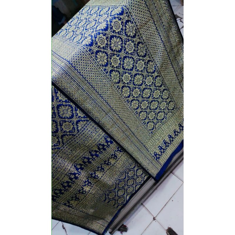 Jual Songket palembang asli sutra alam asli lepus biru elektrik kristal gold | Shopee Indonesia