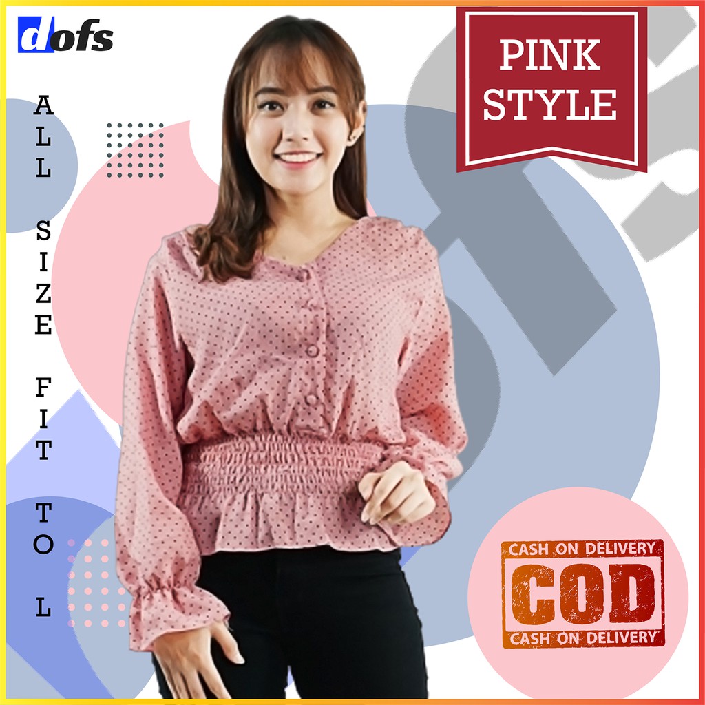 Jual Karina Blouse Basic Puff Wanita Polka / Bluse knit wanita / Bouse ...