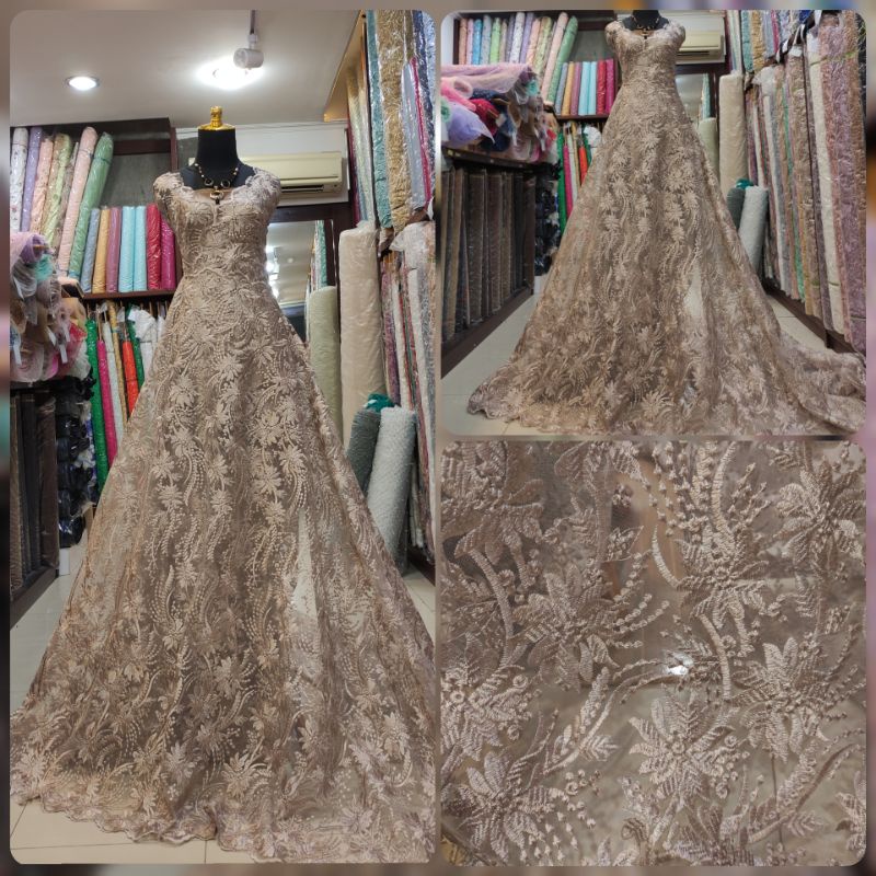 Jual Kain Brokat Tile Motif Bunga Cantik AV 597/21/2 Krem Coklat ...