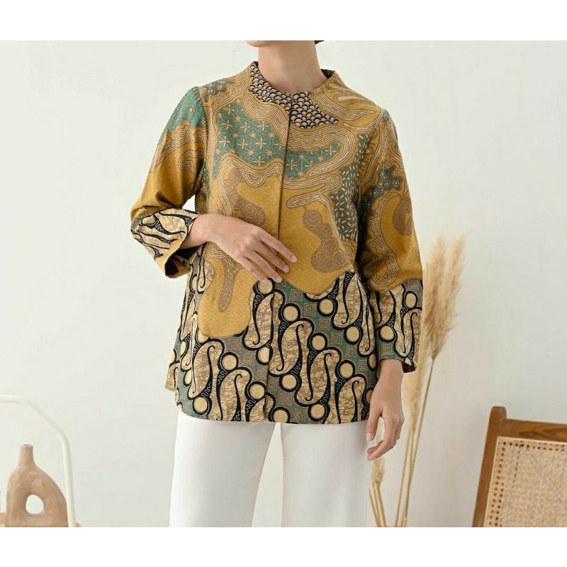 Jual blouse batik kantor lengan panjang warna kuning kancing depan ...