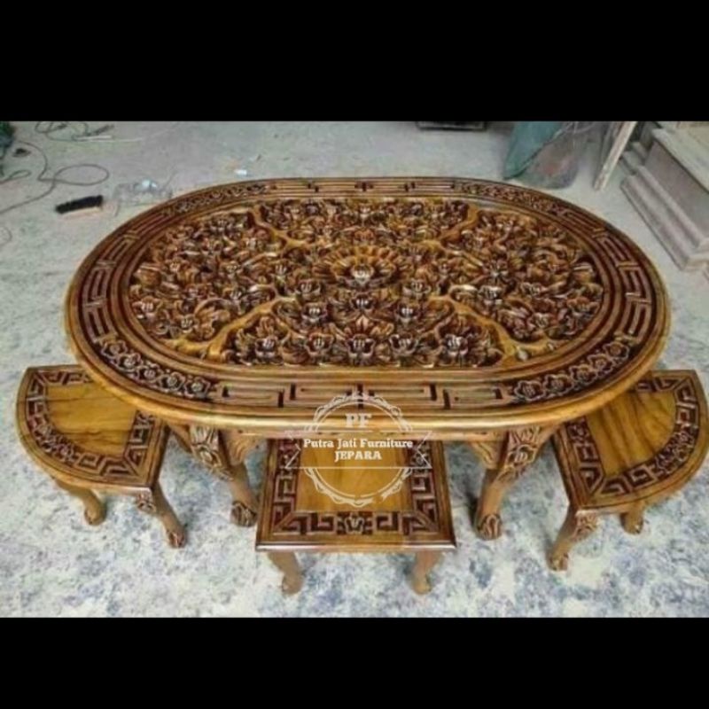 Jual Meja oval full ukir / Meja kursi tamu oshin kayu jati | Shopee ...