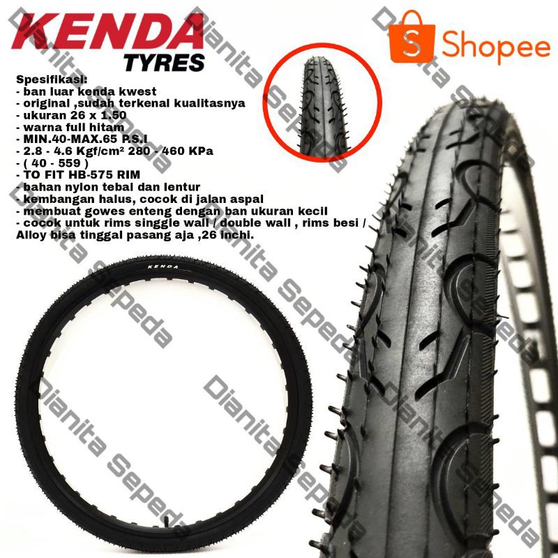 Jual ban luar sepeda 26 x 1.50 kenda kwest ring 26 inchi on road mtb ...