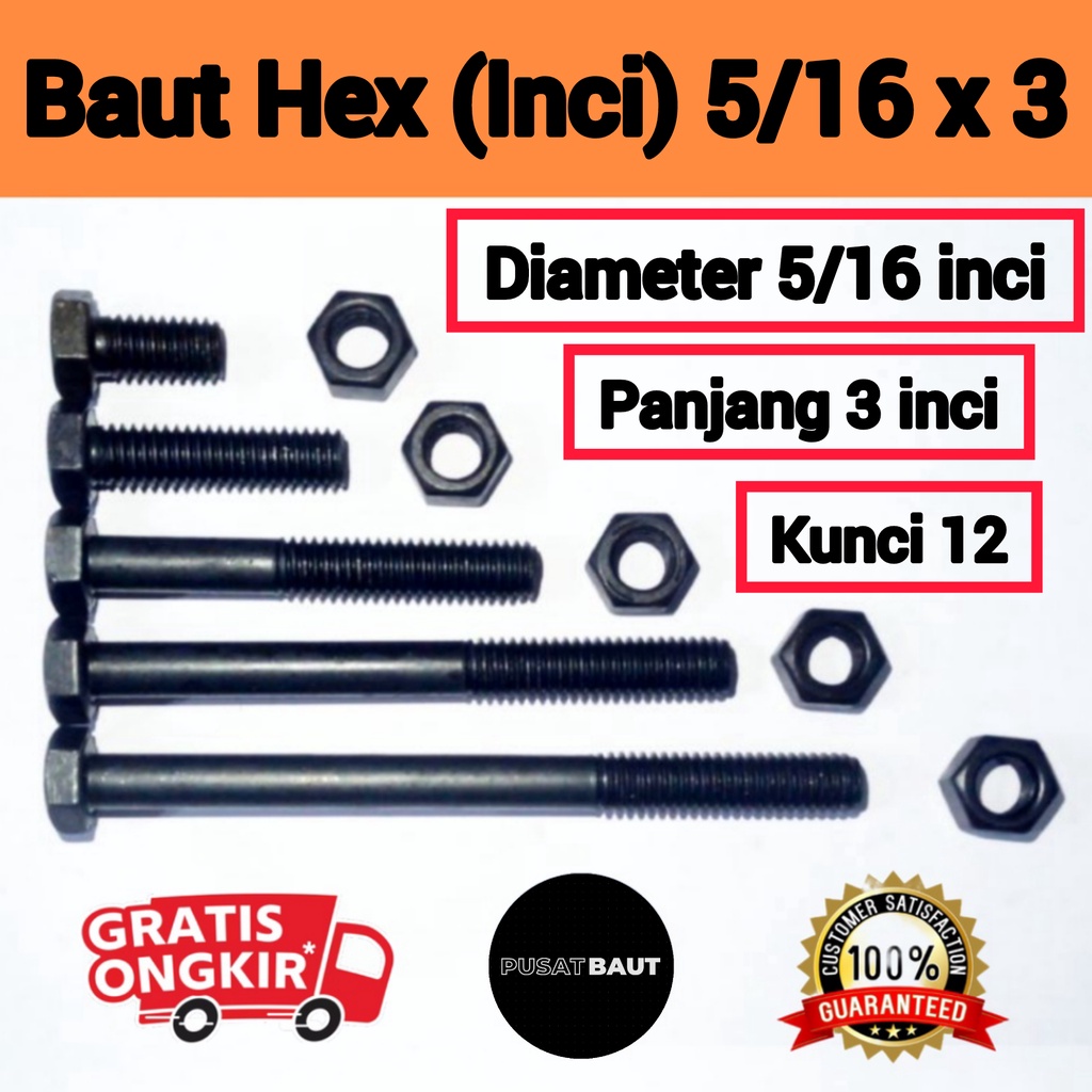 Jual [10 PCS] Baut Mur 5/16 x 3 Baut 12 Baut Kunci 12 Baut Inci Hex Besi Drat Kasar | Shopee ...