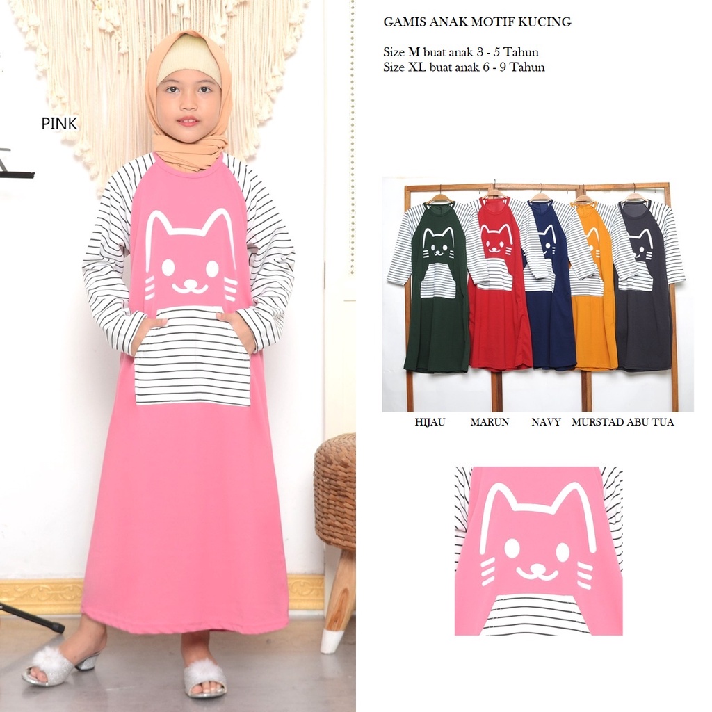 Jual GAMIS ANAK PEREMPUAN MOTIF KUCING KANTONG KIMONO UNTUK USIA 3 - 9 ...