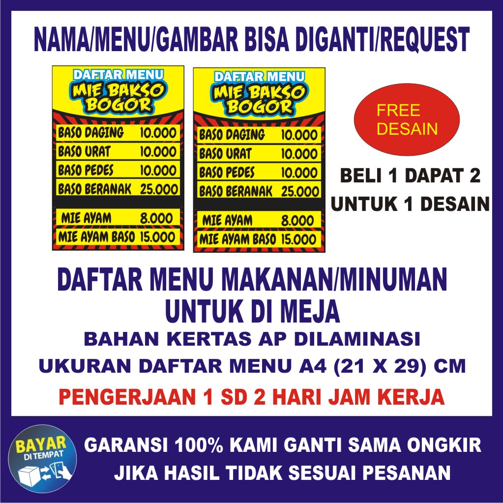 Jual Daftar Menu Makanan atau Minuman untuk di atas Meja ukuran A4 di ...
