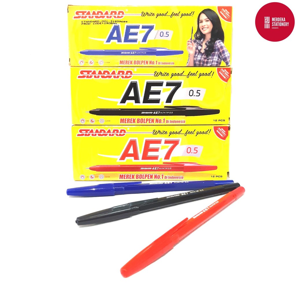 Jual (ISI 12)Bolpen/Bolpoint/Ballpen/Pulpen/Pena/Balpoint Standard AE7/AE-7 0.5mm (HITAM/BIRU ...