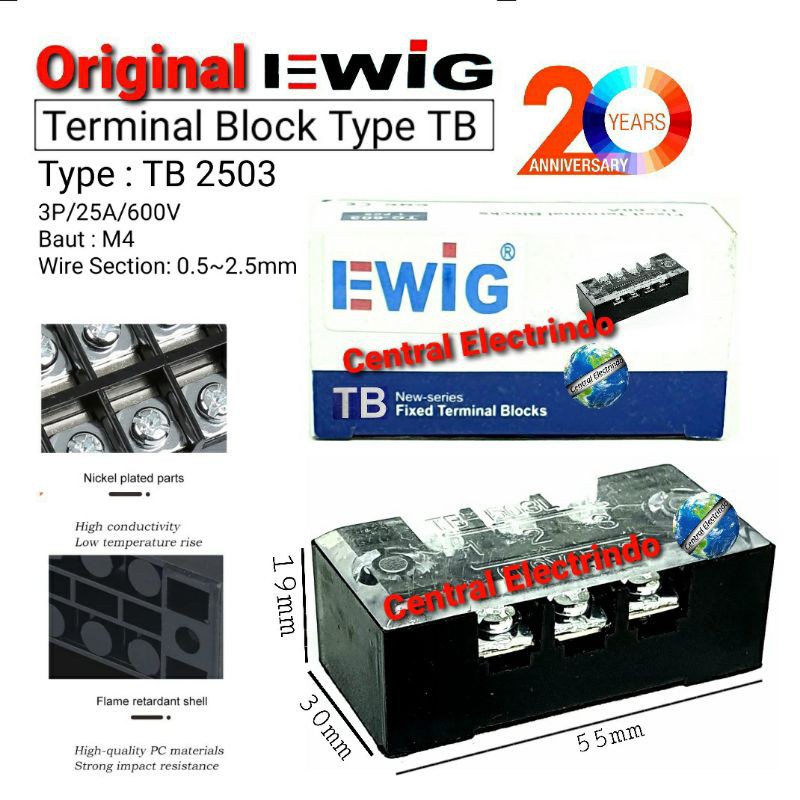 Jual Terminal Block Blok 25A 3P (TB 2503) EWIG. | Shopee Indonesia