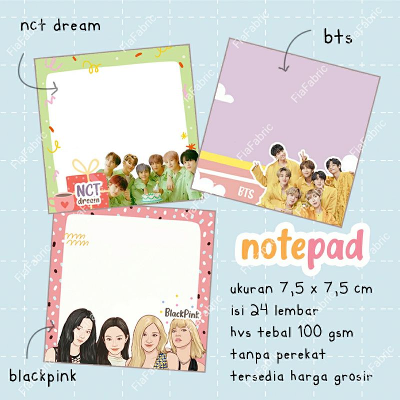 Jual memo pad kpop bts, bt21, nct dream, blackpink, fankit notepad ...