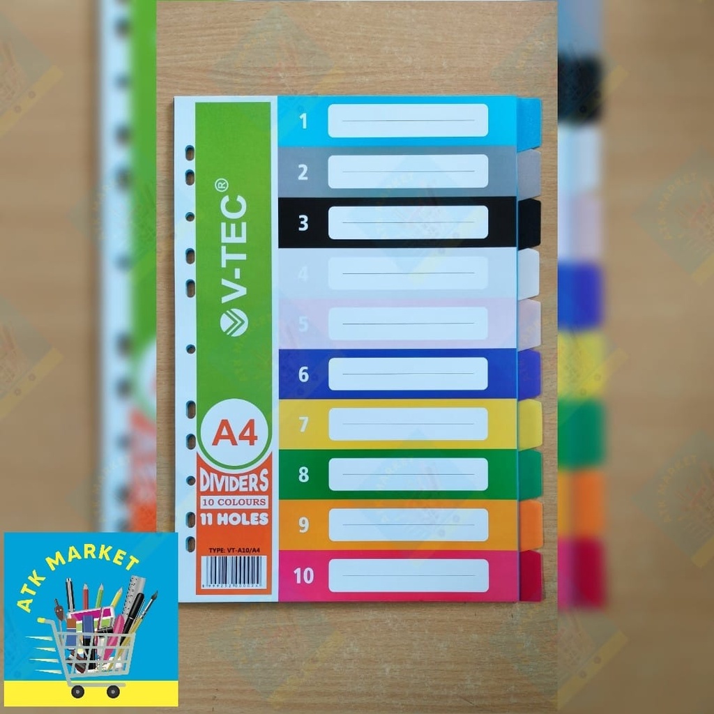 Jual Divider A4 / Pembatas Odner A4 V-Tec 10 warna bahan Plastik ...