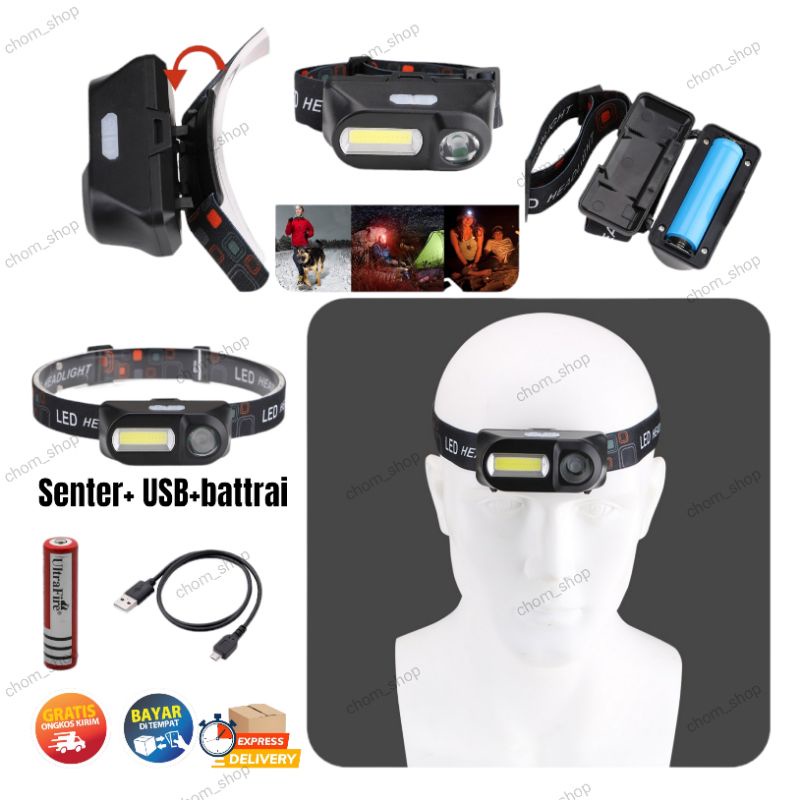 Jual Lampu Senter Kepala LED 3 Mode Anti Air USB Rechargeable/headlamp ...