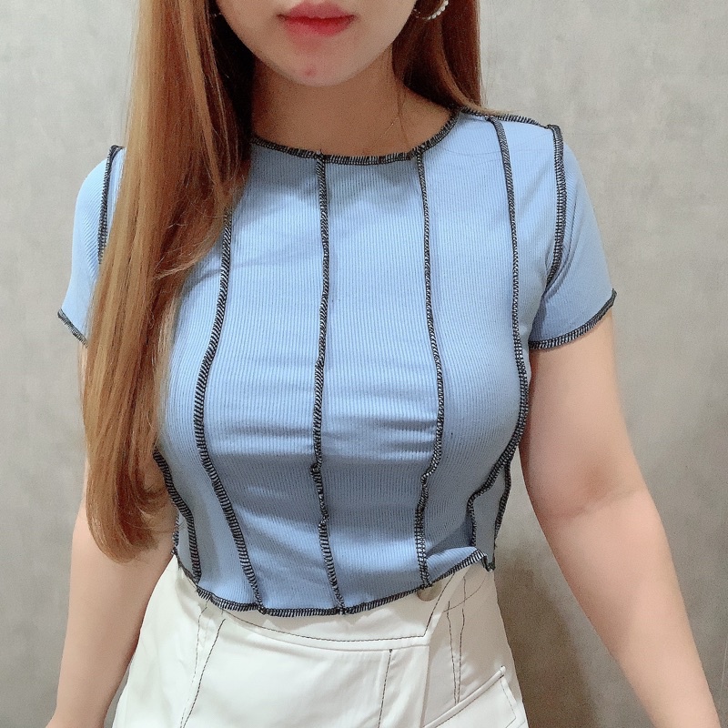 Jual Stitch Knit Crop Top Short Sleeve | Baju Kaos Atasan Lengan Pendek ...
