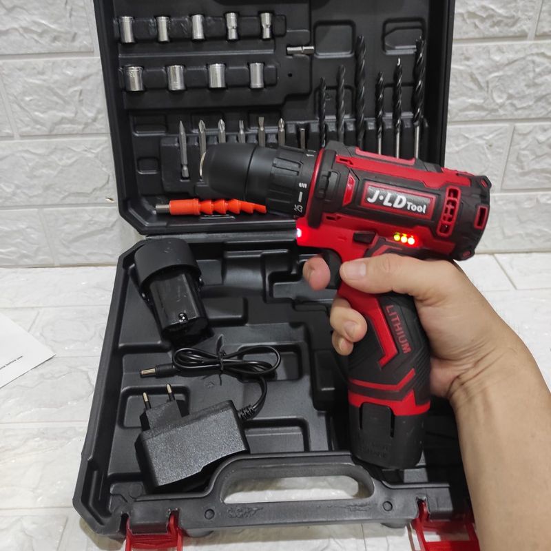 Jual Bor baterai JLD 12volt Bor cordless JLD tool merah full sett ...