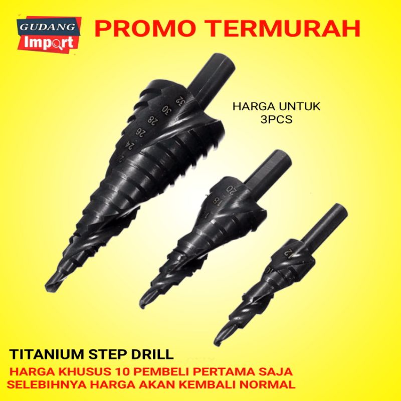 Jual STEP DRILL MATA BOR PAGODA KERUCUT TITANIUM ISI 3pcs 12mm 20mm ...