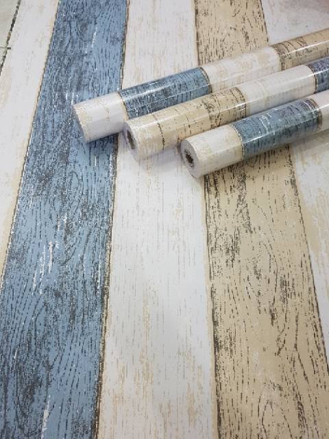 Jual Wallpaper Stiker Dinding Kayu Tiga Warna Biru Pekat 45cm X 10m