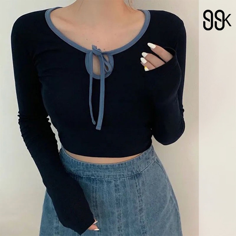 Jual Round Neck Long Sleeve Tie Front Crop Top 1297 (S-XL) | Shopee ...
