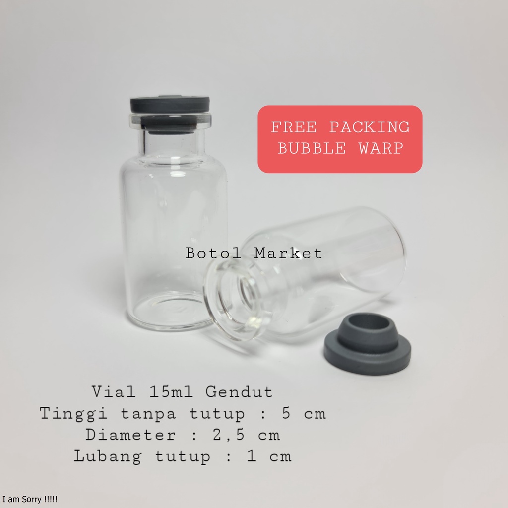 Jual Vial 15ml GENDUT botol kaca tester tutup karet rubber stopper ...