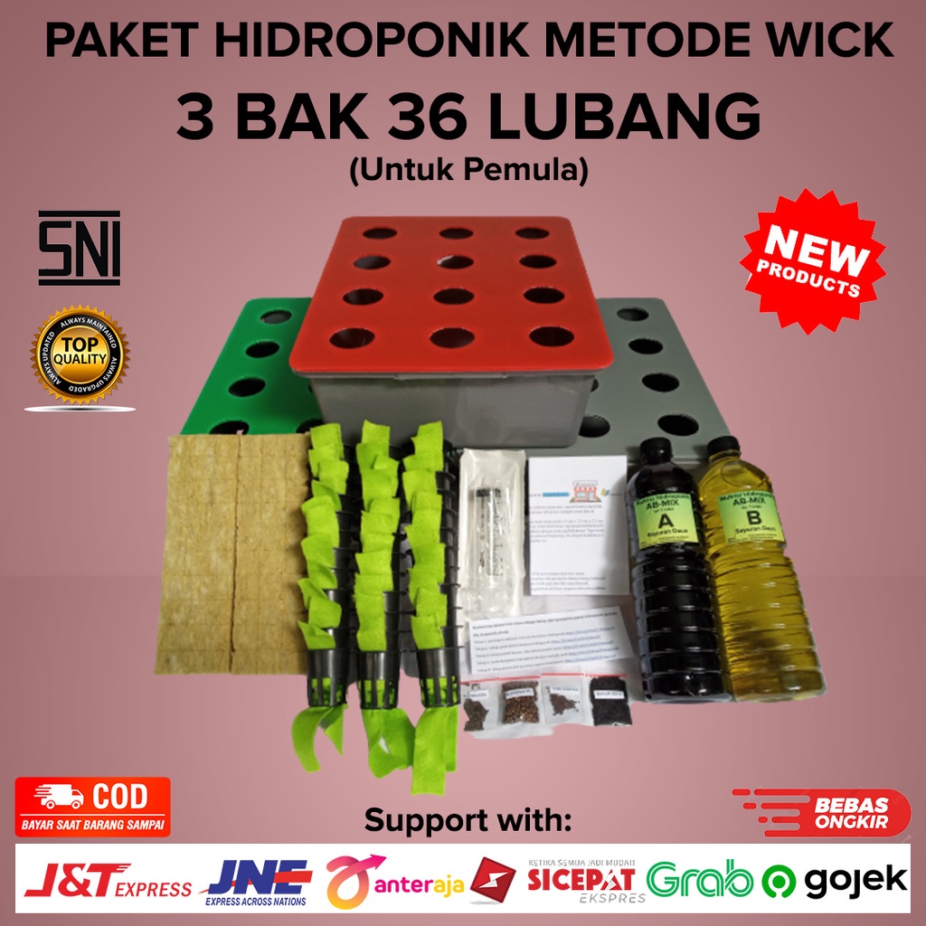 Jual paket hidroponik pemula lengkap metode wick 3 bak 36 lubang ...