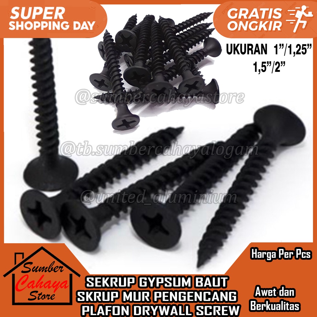 Jual SEKRUP GYPSUM PER PCS BAUT SKRUP MUR KAYU PLAFON DRYWALL SCREW 1" 1,25" 1,5" 2 " IN INCI ...