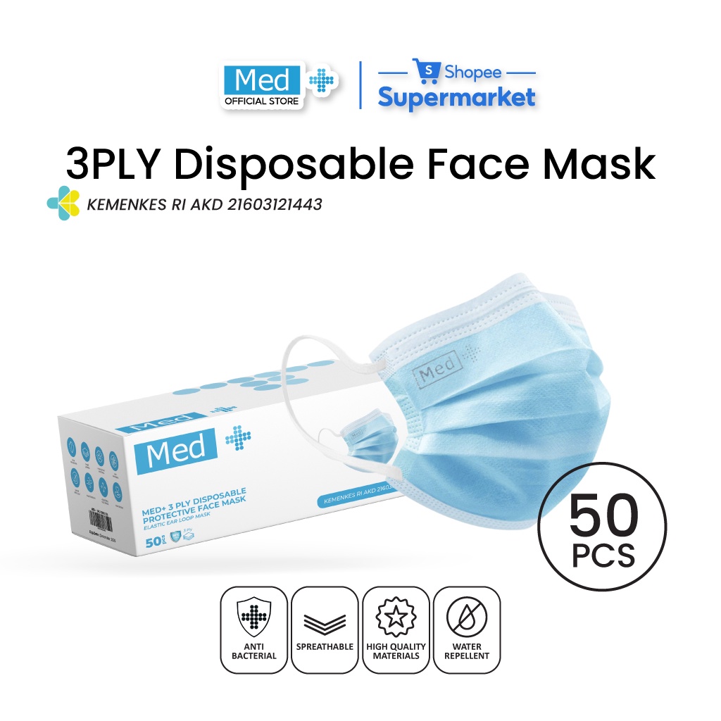 Jual Med+ Masker 3 Ply Biru Disposable Face Mask 50 Pcs | Shopee Indonesia