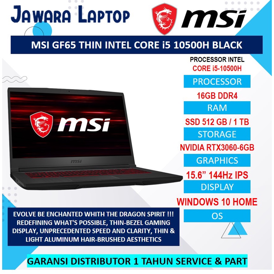 Jual LAPTOP GAMING MSI GF65 THIN INTEL I5 10500H 16GB 512GB 1TB SSD ...