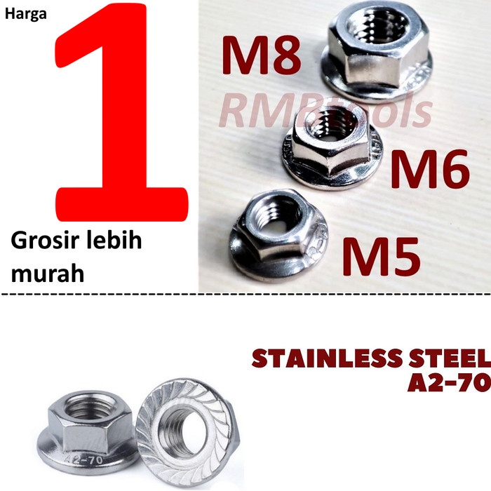 Jual Mur Flange Nut M6 Stainless Steel 304 A2-70 Baut 10 Kunci 10 Pitch 1.00 / Mur Flange Topi ...