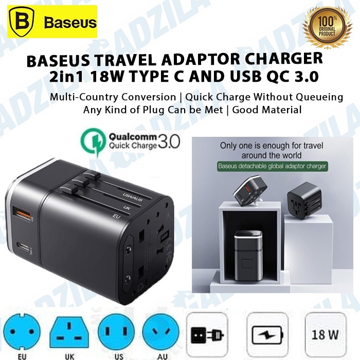Jual BASEUS Travel Adaptor Charger Removable 2in1 18W Type C and USB QC ...