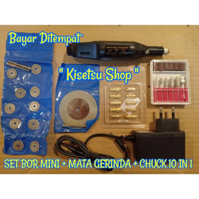 Jual SET GERINDA MINI + MATA GERINDA POTONG + CHUCK 10 IN 1 ADAPTOR 9V ...