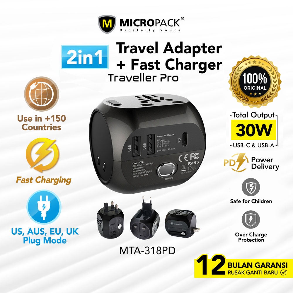 Jual Micropack Travel Adapter 3 ports Fast Charge & PD 3.0 - 30 Watt ...