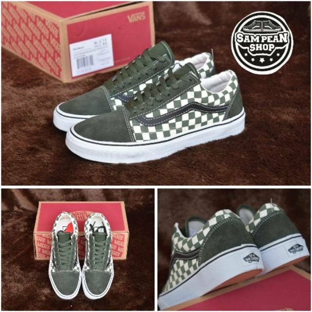 Jual Sepatu vans old skool catur checkerboard olive green white ...