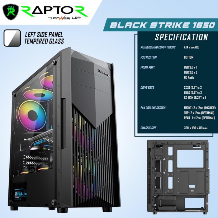 Jual Casing Raptor Black Strike 1650 Free 2 Fan RGB ATX | Shopee Indonesia