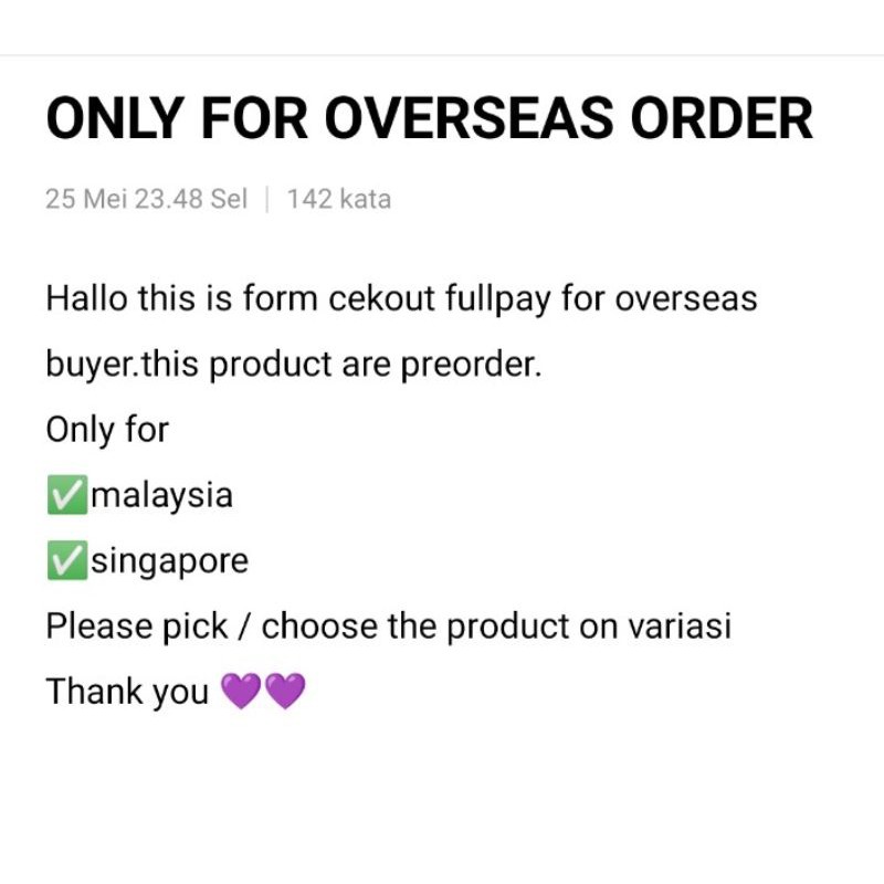Jual Cekout Khusus overseas order (malaysia & singapore) | Shopee Indonesia